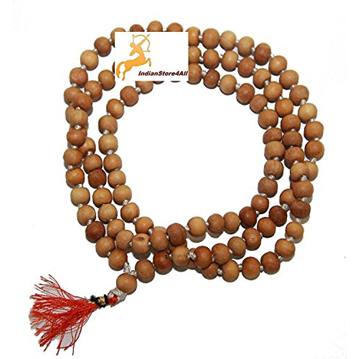 IS4A 8MM TULSI HOLY BASIL PRAYER BEADS JAPA MALA NECKLACE HAND KNOTTED. KARMA 108+1=109 BEADS. BLESSED & ENERGIZED HINDU TIBETAN BUDDHIST SUBHA ROSARY RED TESSEL