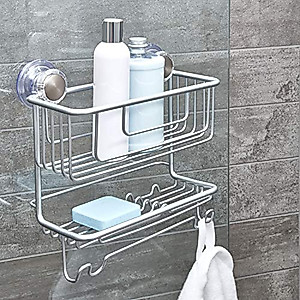 iDesign Metro Rustproof Aluminum Turn-N-Lock Suction, Bathroom Shower Combo Basket for Shampoo, Conditioner, Soap - 2 Tiers, Silver