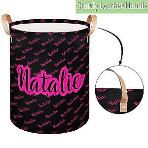 Personalized Laundry Basket, Custom Gift Laundry Hamper, Collapsible Nursery Waterproof Laundry Baskets, Dirty Clothes Toy Hamper with Handles Name Black Hot Pink