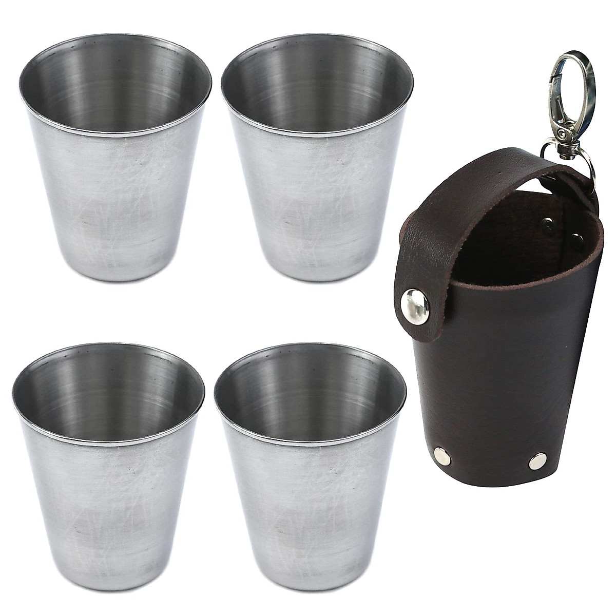 Mewutal 4-Pack 70ml/2.37oz Stainless Steel Wine Glass, Shot Glass Drinker Drinker with a Brown Leather Storage Box