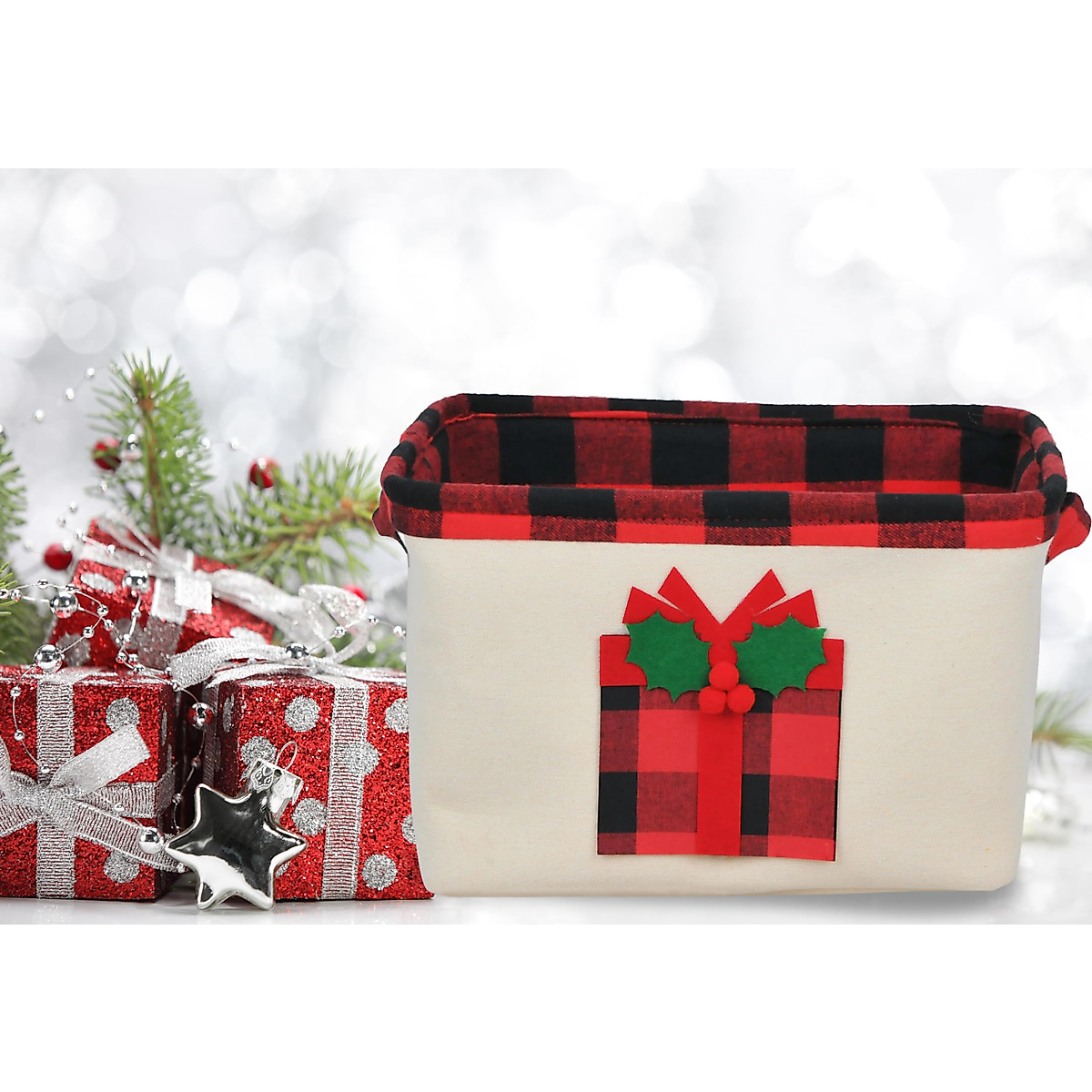 A Tisket A Tasket Christmas Gift, Christmas Decoration Storage Basket with Handle for Holiday Christmas Halloween, Christmas Surprise Pattern Large Collapsible Storage Box for Living Room 13"