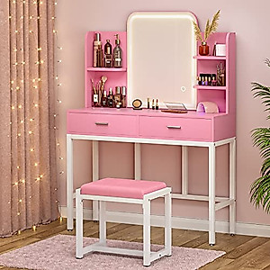 armocity Vanity Desk with Mirror and Light, Makeup Vanity with Cushioned Stool, Vanity Table Set with 3 Color Lighting Options, Modern Dressing Table with 2 Storage Drawers for Bedroom, Pink