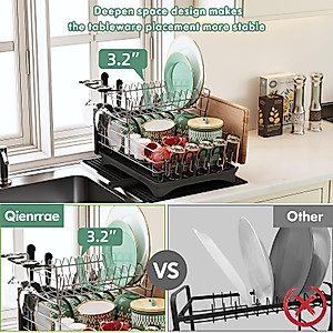 Qienrrae Dish Drying Rack, 2 Tier Large Rack and Drainboard Set with Swivel Spout, Stainless Steel Drainer for Kitchen Counter Wine Glass Holder, Utensil Mat