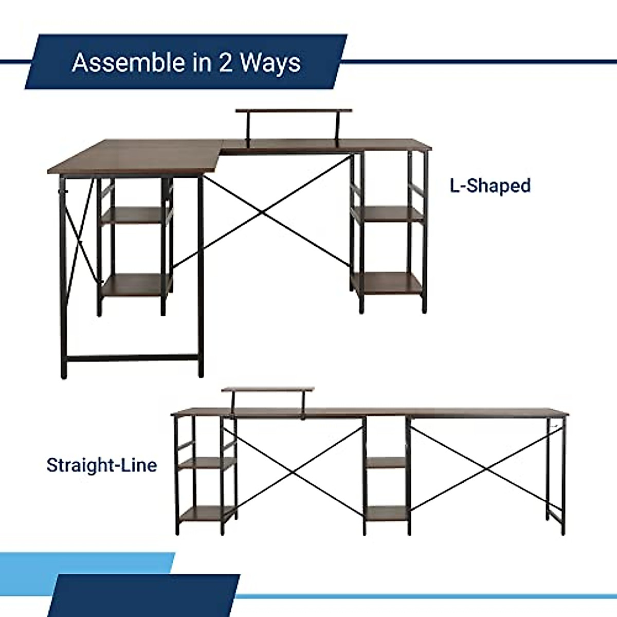 Techni Mobili Office Desk - Reversible L Shaped Desk with Storage Shelves, Monitor Stand & Accessory Holder - Ergonomic & Industrial Workstation Corner Table with Durable Steel Frame, Walnut