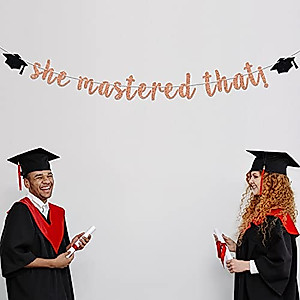 She Mastered That Banner, She Came She Saw She Did it/So Proud Of You Sign, Graduation Party Decoration Supplies for Gilrs - Rose Gold and Black Glitter