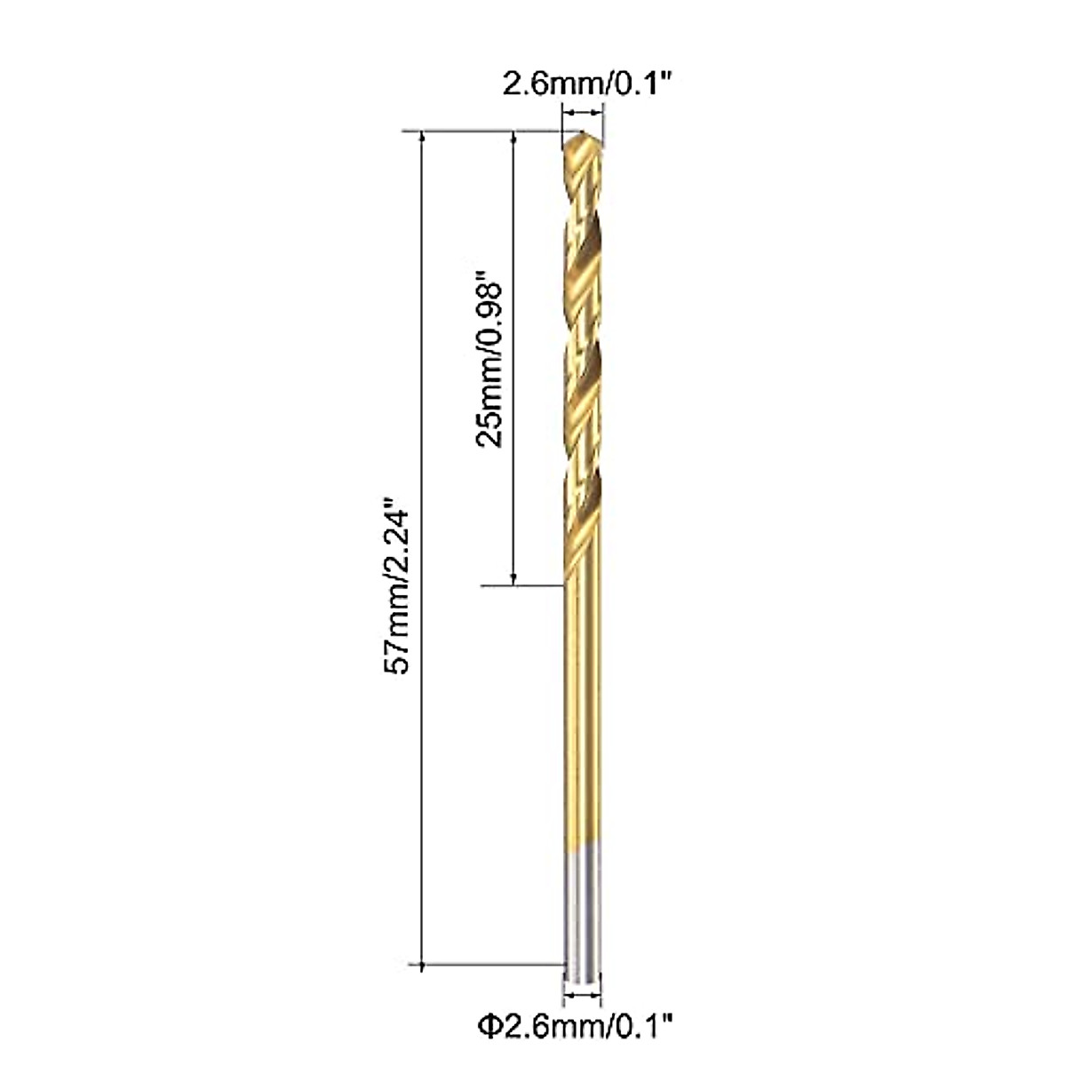 uxcell High Speed Steel Straight Shank Twist Drill Bit Fully Ground Titanium Coated 2.6mm Drill Diameter 57mm Total Length 25mm Drill Bit Length 12 Pcs