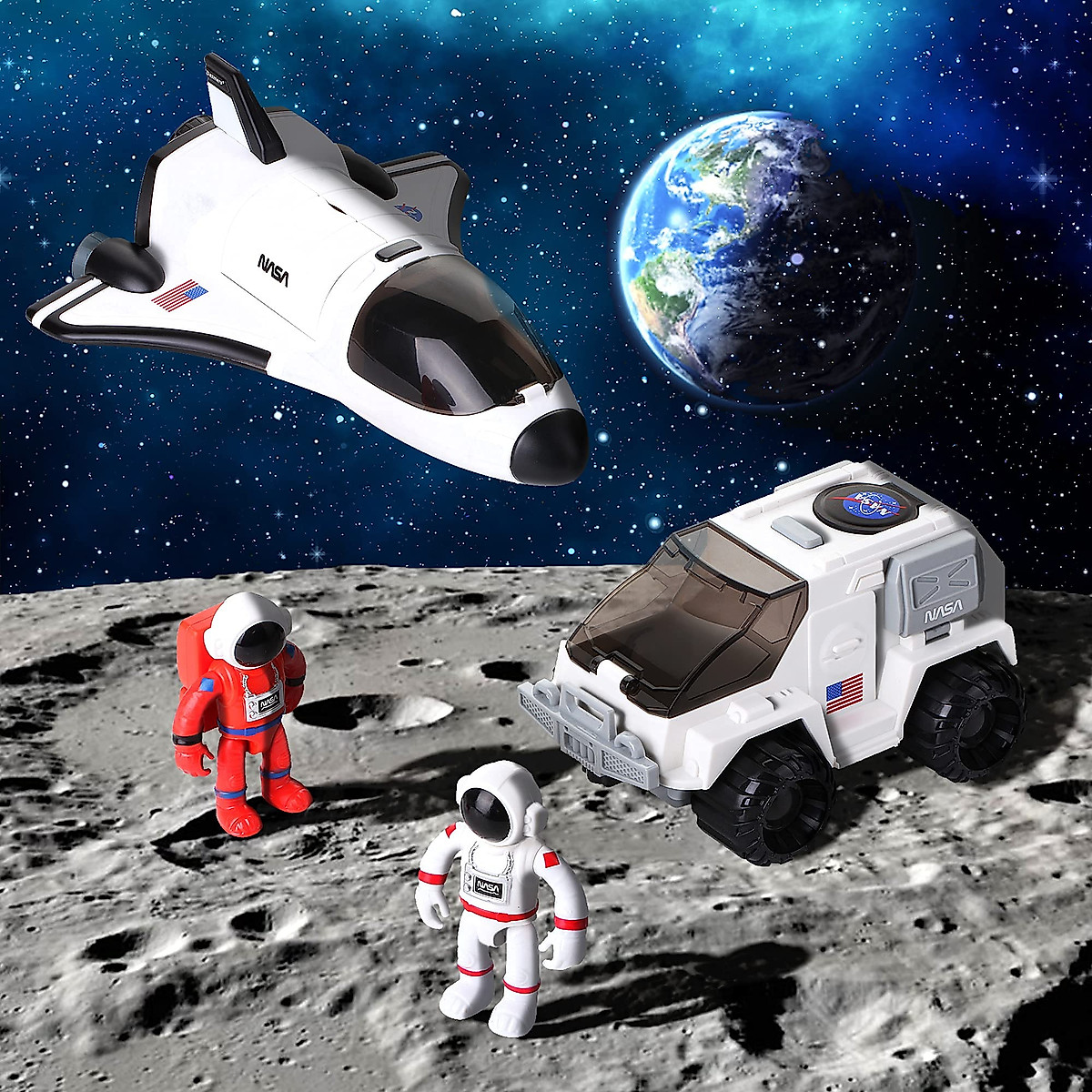 Dazmers Space Shuttle Toy - Kids Spaceship with 2 Astronaut Figures, Mechanical Arm and Rover - Rocket Ship Lights Up with Blast Off Sound Effects - Fun Space Toys for Children, Boys and Girls