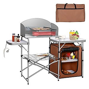GYMAX Aluminum Portable Camping Kitchen, Folding Cooking Table with 26" Tabletop, Detachable Windscreen & Carrying Bag, Outdoor Grill Table for BBQ, Backyards