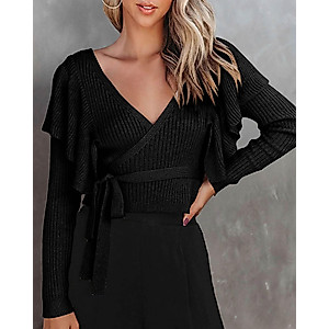 KIRUNDO Women's 2024 Fall Fashion Long Sleeve Cropped Wrap V Neck Sweater Ruffle Tie Waist Slim Fit Ribbed Knit Pullover (Black, Medium)