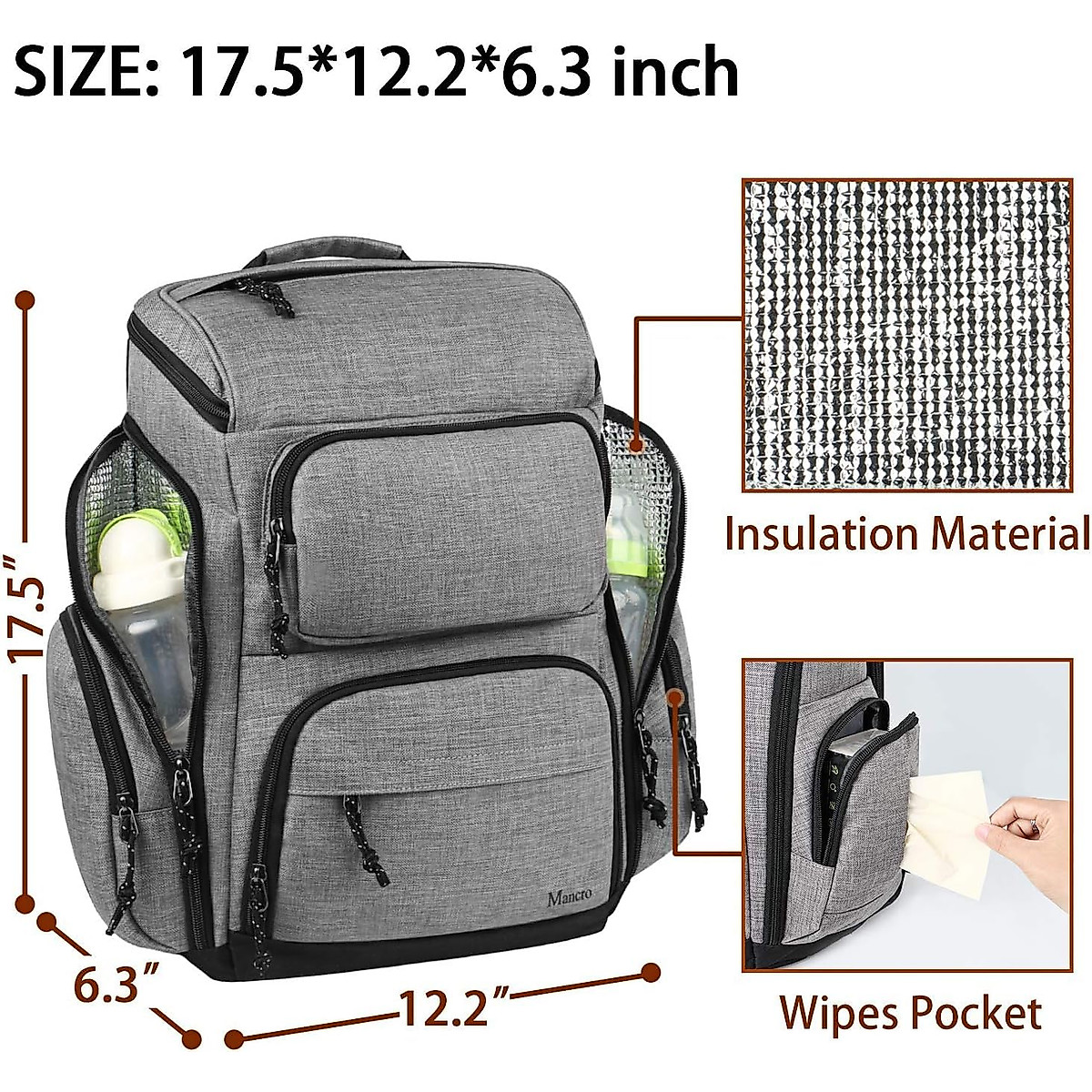 Mancro Diaper Bag Backpack, Multifunctional Travel Dad Diaper Bag with Insulated Pockets, Large Capacity Baby Diaper Backpack for Men and Women with Laptop Pocket and Stroller Straps, Grey