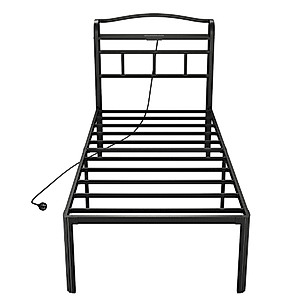 SHOANED 18 Inch Metal Bed Frame - Twin Size Black Heavy Duty Bedframe Platform Basic Mattress Foundation with Headboard & Charging Station No Box Spring Needed/Easy Assembly/Noise-Free