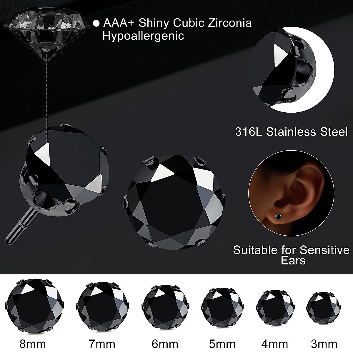 FIBO STEEL 3 Pairs Stainless Steel Black Stud Earrings for Men Women Hypoallergenic Mens Earrings Stud Set, Black Square Round Diamond CZ Stud Earrings Pierced 6mm