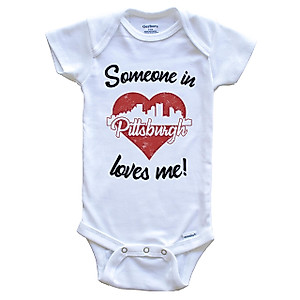 Someone in Pittsburgh Loves Me Red Heart Skyline One Piece Baby Bodysuit, 3-6 Months White