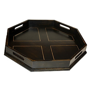 Mountain Woods Antique Black Octagon Ottoman Wooden Serving Tray with Handles | Coffee/Tea Tray | Cocktails Tray | Snacks Tray - 22"x 22" x 2.5"
