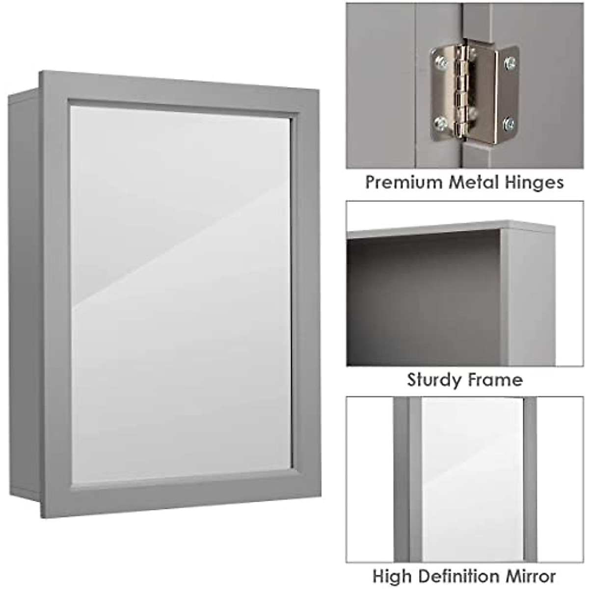 FUTADA Bathroom Medicine Cabinet with Mirror, Wall-Mounted Storage Organizer, Adjustable Shelf & Single Door, Modern Mirror Cabinet for Living Room, Bedroom, Hallway (Grey)
