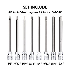 MIXPOWER 3/8" Drive Extra Deep Hex Bit Socket Set, 1/8 Inch to 3/8 Inch, 3mm to 10mm, SAE & Metric, Extra Long Allen Socket Set, CR-V and S2 Steel, 18 Pieces Set