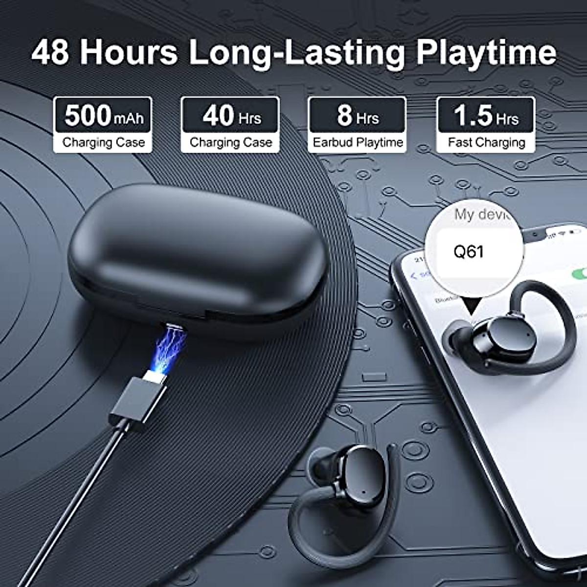 Wireless Earbuds, HiFi Stereo Sport Bluetooth 5.3 Headphones with Earhooks, 48H Deep Bass in-Ear Headphones with LED Display, Noise Cancelling, IP7 Waterproof Earphones Built-in Microphone for Running