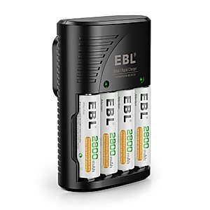 EBL Rechargeable AA Batteries 4 Pack, Precharged Double A Battery 2800mAh and AA AAA Battery Charger with Foldable Wall Plug