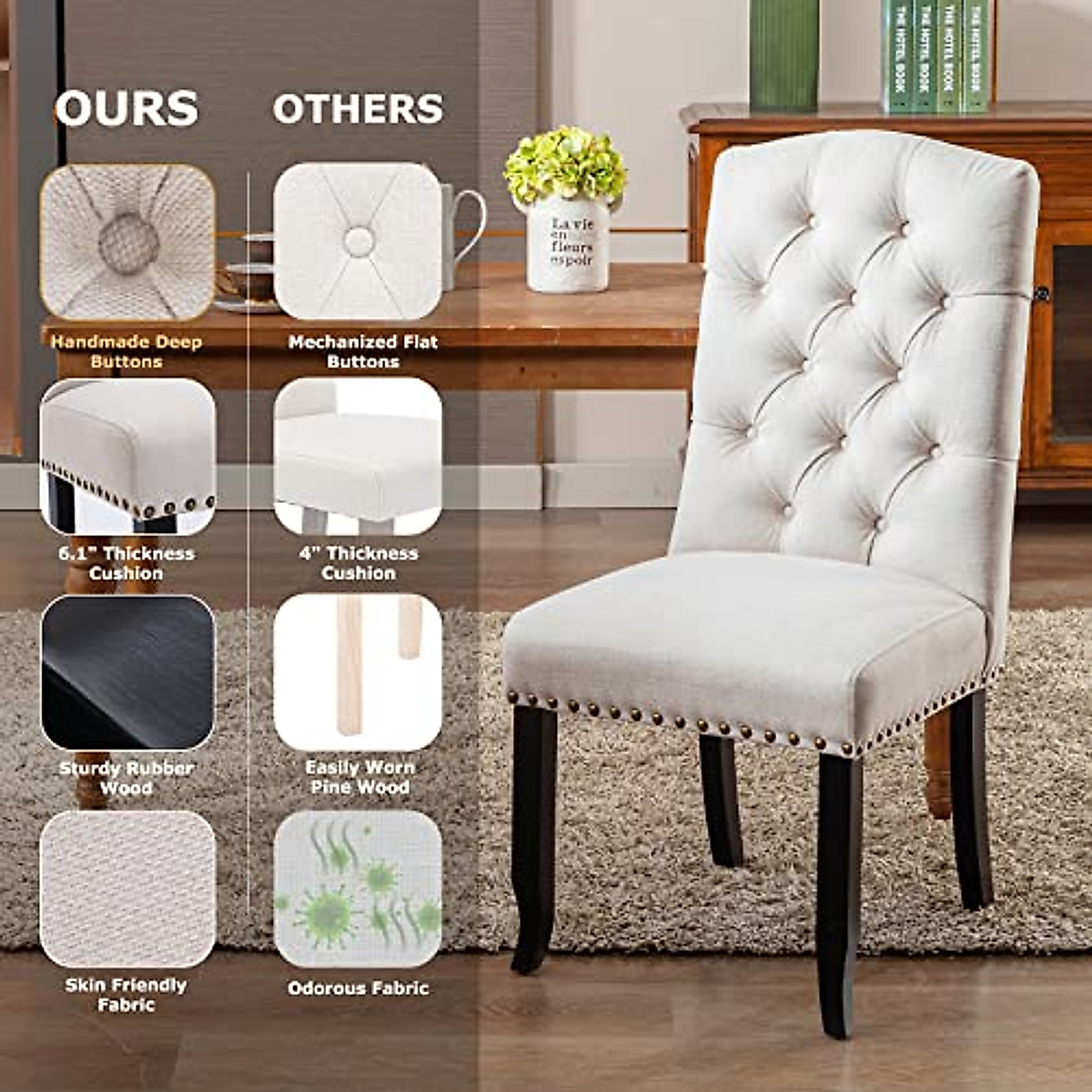 COLAMY Button Tufted Dining Chairs Set of 2, Upholstered Parsons Dining Room Chairs, Fabric Kitchen Side Chair with Nailhead Trim and Wood Legs,Beige