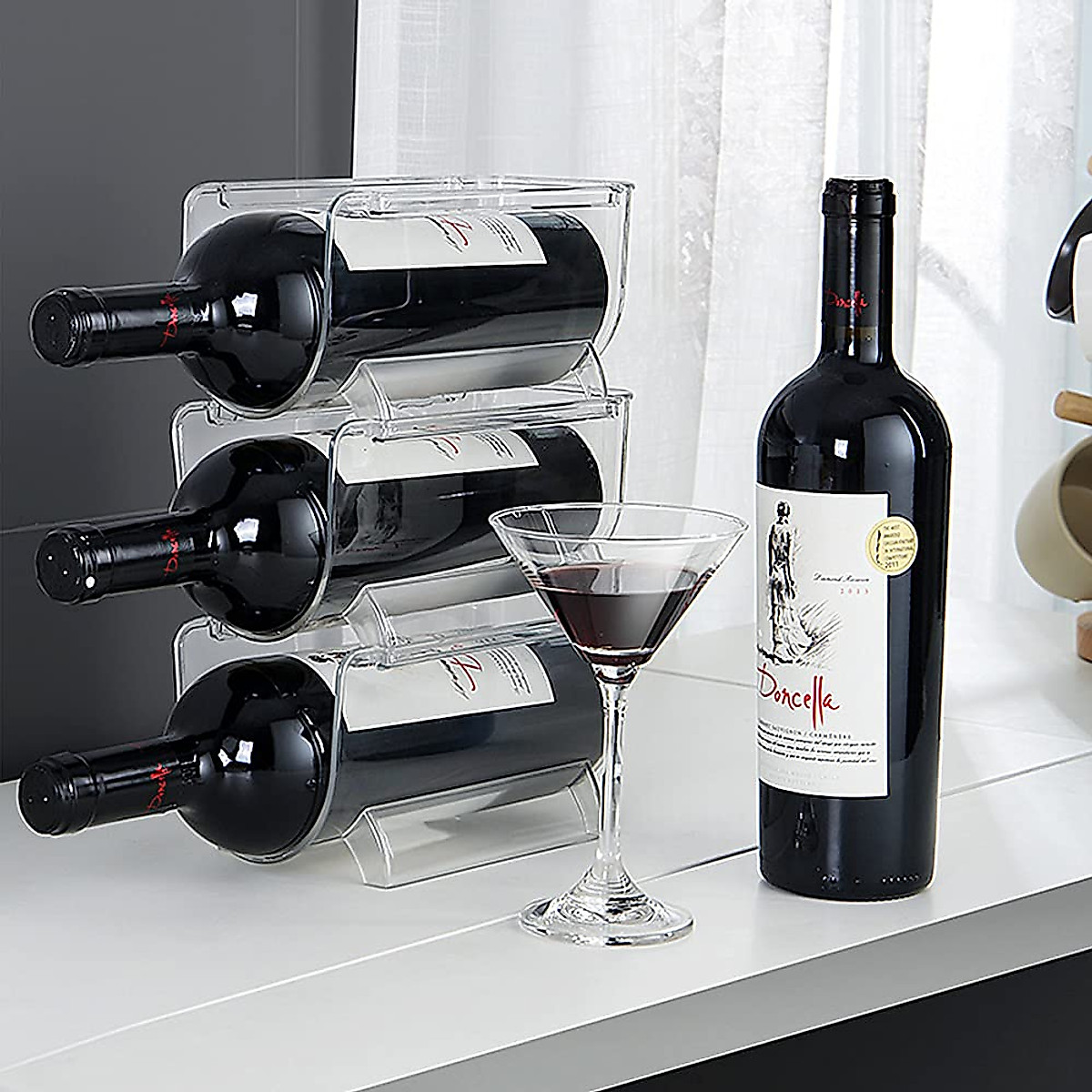 HommyPrefer 6 Pack Refrigerator Wine Rack, Stackable Acrylic Wine Rack for Refrigerator Bottle Organizer Holder, Freestanding Plastic Wine Rack Organizer Bins for Refrigerator, Kitchen Cabinet, Bar