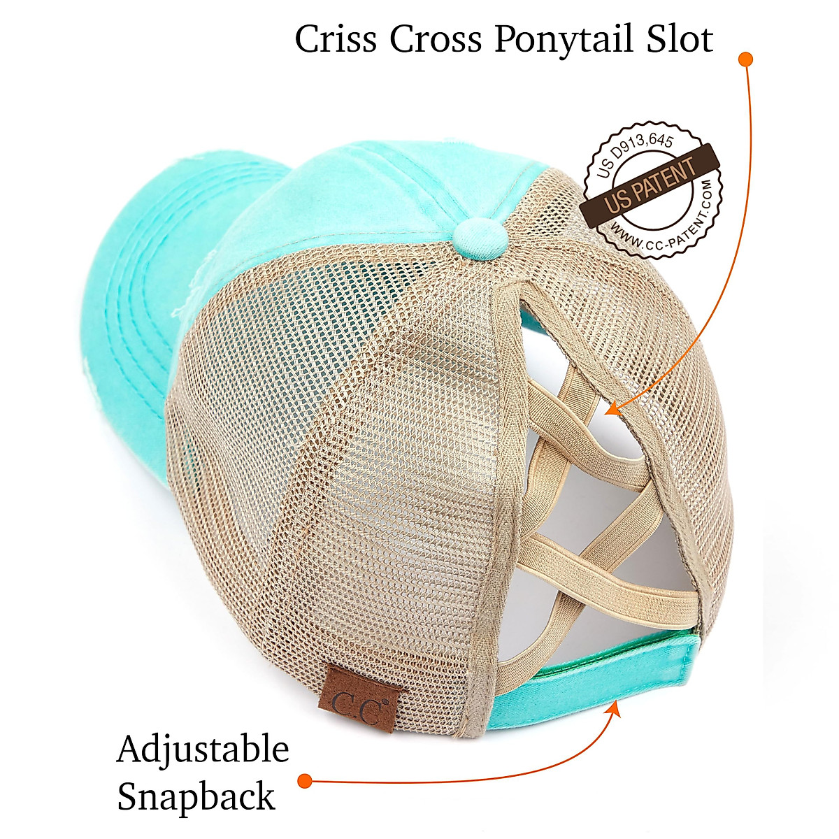 C.C Exclusives Washed Distressed Cotton Denim Criss-Cross Ponytail Hat Baseball Cap Bundle Hair Tie (BT-780)(BT-791) (A Elastic Band-Mint)