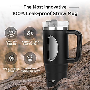 TYESO 30 oz Tumbler with Handle, Straw and Lid - Leak Resistant Insulated Stainless Steel Water Bottle, Car Cup Holder Friendly Travel Coffee Mug Black - Gifts for Men & Women