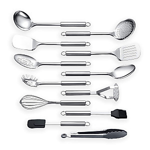 Berglander Cooking Utensil Set 12 Piece Stainless Steel Kitchen Tool Set, Include Cooking Spoon, Spatula, Whisk, Cooking Tong and etc (12 Pieces)