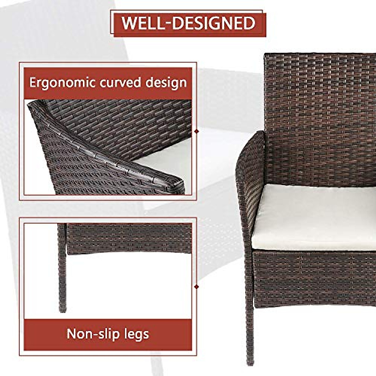 Cemeon 3-Piece Patio Bistro Set Outdoor Conversation Set, Brown Wicker Porch Chairs Set Garden Furniture with Coffee Table (Beige Cushion)