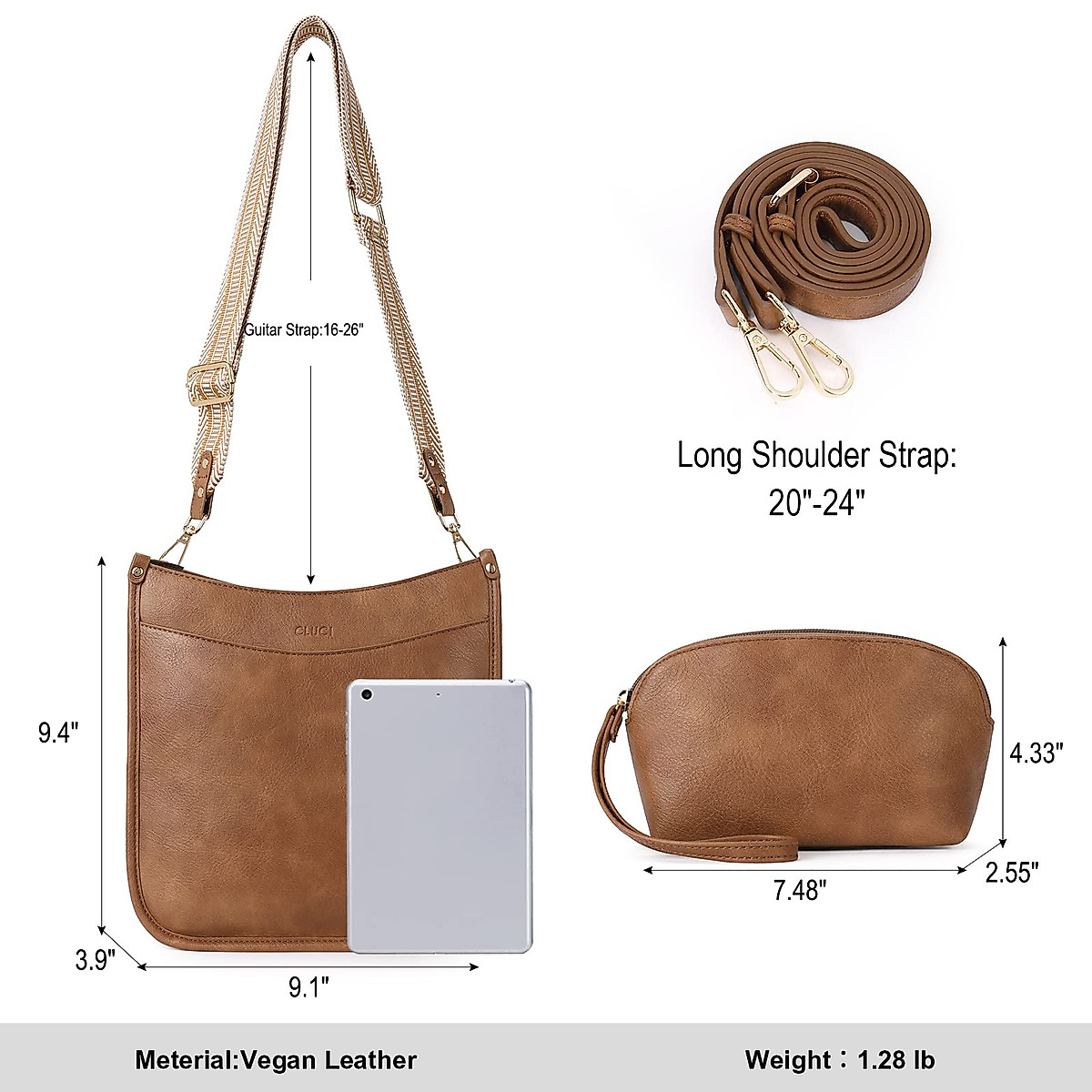 CLUCI Crossbody Bag Purses for Women 2Pcs Leather Hobo Handbag Wallet Set With 2Adjustable Guitar Strap Shoulder Handbag