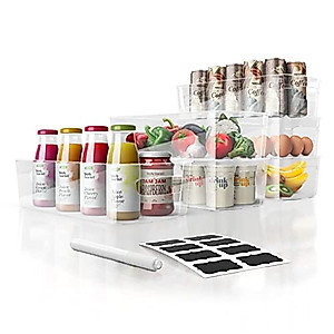 Simply Gourmet Refrigerator Organizer Bins - Set of 6 Clear, Stackable Freezer and Fridge Organizer Containers w/Chalk Pen and Labels - Essential Pantry & Kitchen Organization and Storage