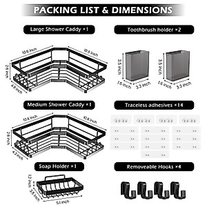 Generic Organizador de ducha esquinero, paquete de 2 estantes organizadores adhesivos de ducha de acero inoxidable a prueba de óxido, estante montado en la pared sin perforaciones, negro, Black