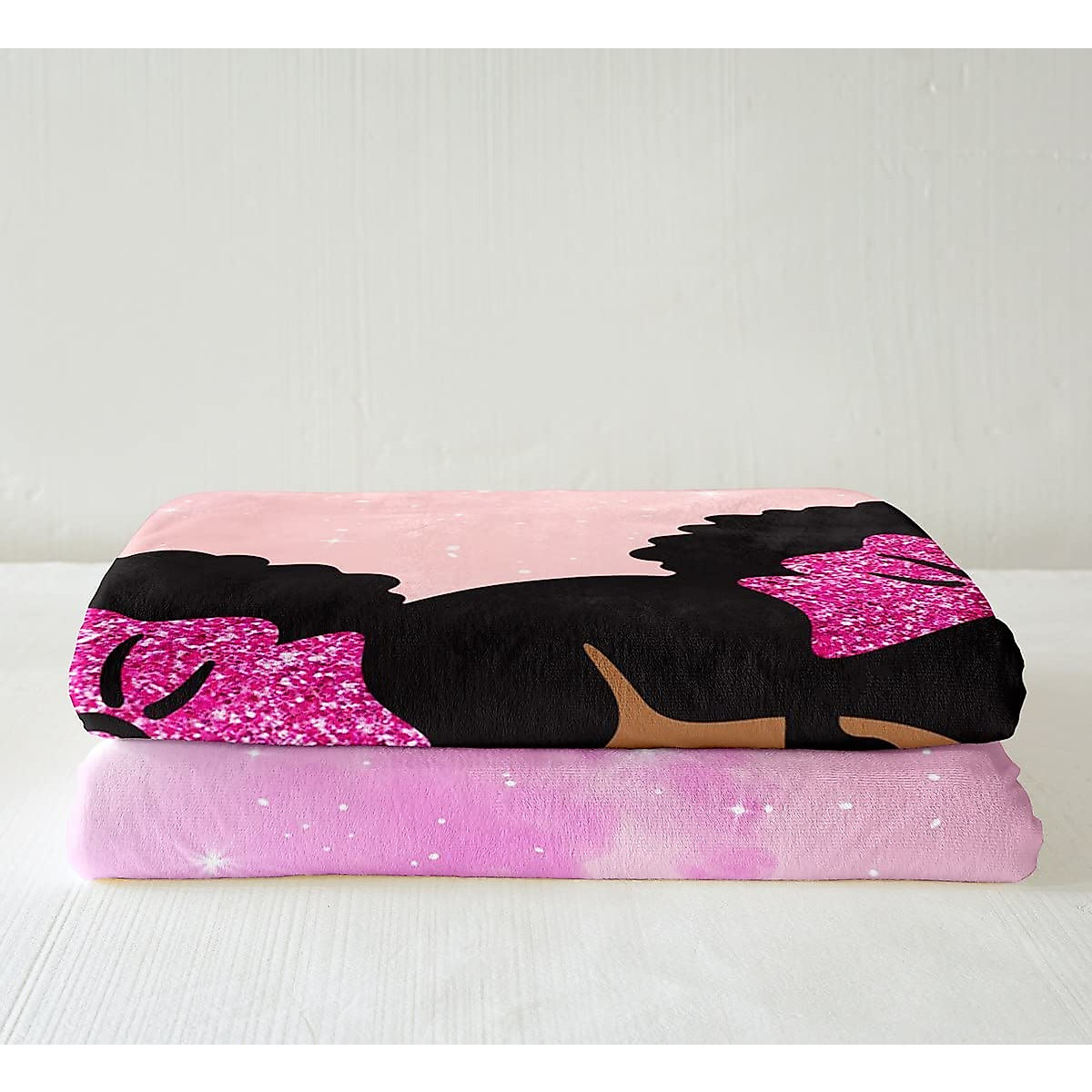 Black Girl Princess Sherpa Blanket Kids Cute Blanket for Girls Bedroom Decor, Psychedelic Stars Throw Blanket for Chair Pink Purple Ombre Fleece Blanket Throw Size, Sequins Glitter Plush Blanket