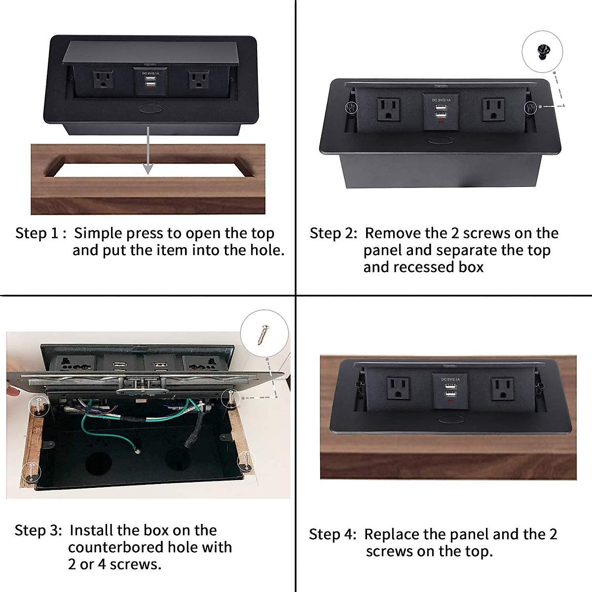 Zeshan Pop up Outlet Desktop Connection Box with 2 Independent Power, USB, RJ45, VGA, HDMI, 3.5 mm Audio for Office Black
