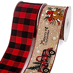 Ribbli 2 Rolls Christmas Burlap Wired Ribbon,Christmas Truck & Red and Black Buffalo Plaid,2-1/2 Inch Total 20 Yard, Christmas Ribbon for Big Bow, Christmas Wreath and Tree Decoration