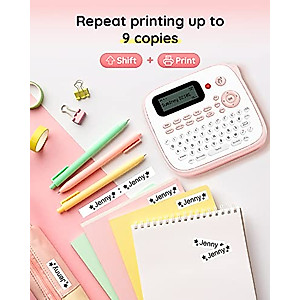 Pink Label Maker Machine with Tape D210S Portable Labeler Label Printer for Labeling with 4 Laminated Label Tapes JM231, QWERTY Keyboard Label Maker, AC Adapter Easy-to-Use, Multiple Line Labeling