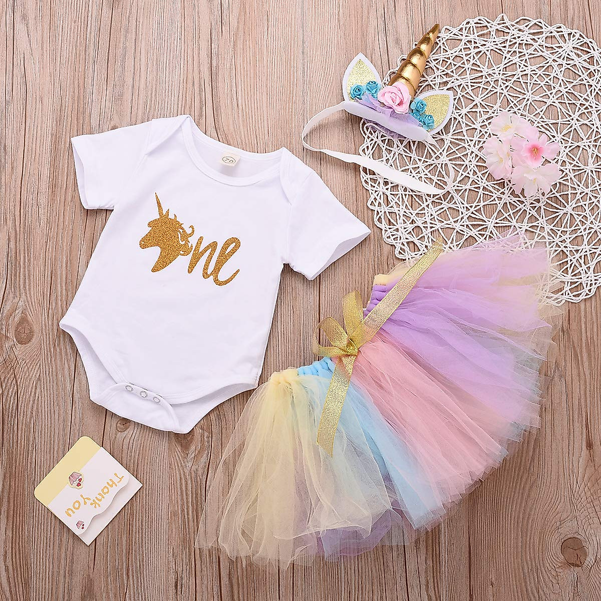 BOEBNOZCV Toddler Baby Unicorn 1st Birthday Outfit Newborn Baby Girl Party Romper Bodysuit+ Tutu Skirt Dress Clothes Set (12-18 Months, Unicorn One)