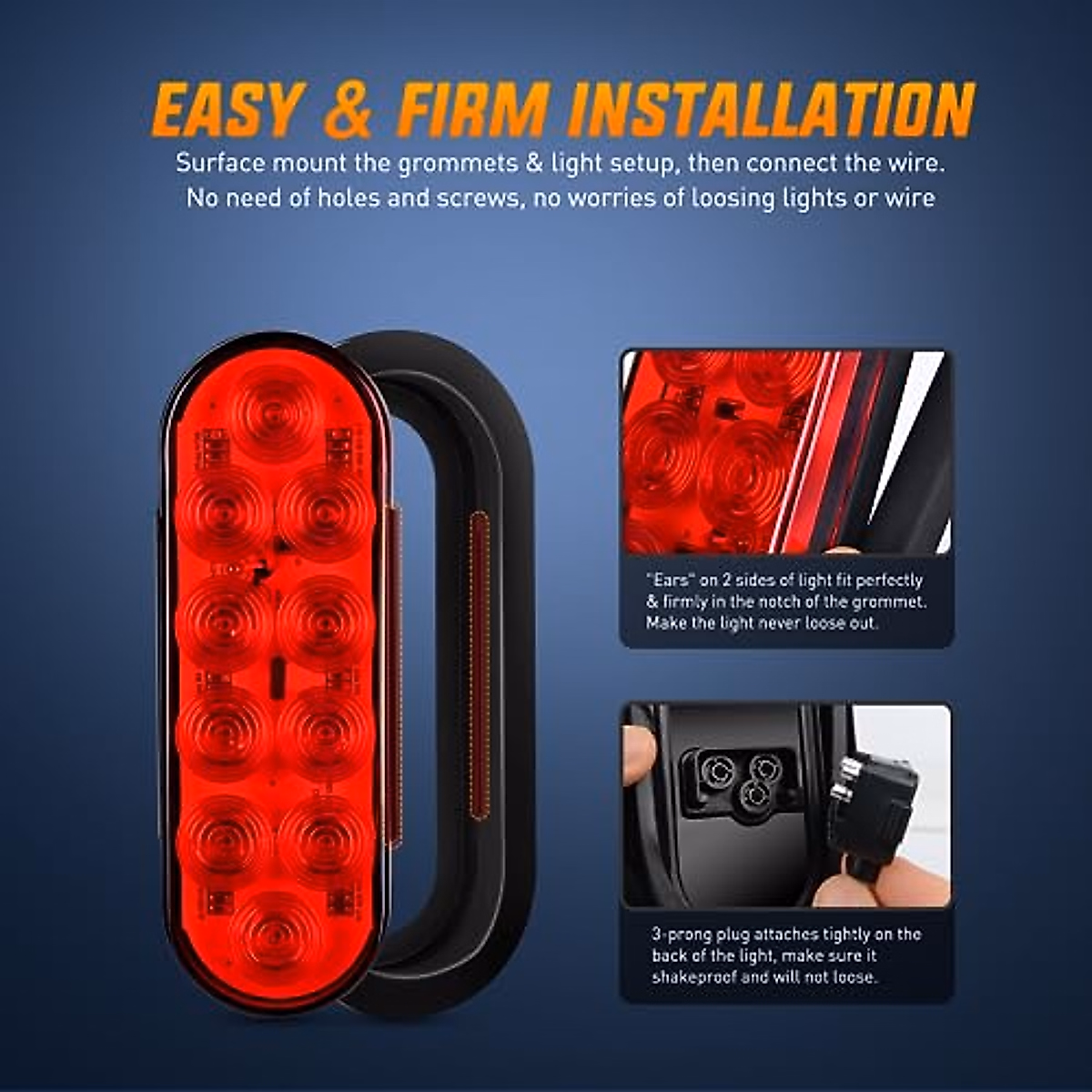 Nilight 6Inch Oval Trailer Tail Light 6PCS Red White 10LED with Flush Mount Grommets Plugs IP67 Waterproof Brake Turn Signals Reverse Lights for RV Truck Trailer, 2 Years Warranty