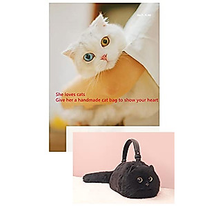 HUIJUFU Realistic Puffy Plush Cat Shaped Crossbody Handbag for Women (Black Cat)