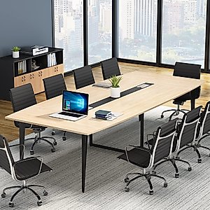 Tribesigns 8FT Conference Table, 94.48L x 47.24W x 29.52H Inches Large Boat Shaped Meeting Seminar Table with Cable Grommets, Modern Conference Room Table for Office (Light Wood Grain, 8ft)