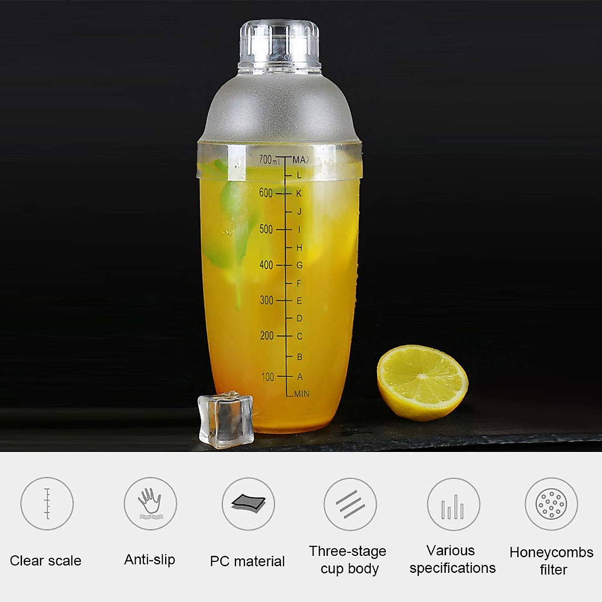 Cocktail Shaker, Plastic Drink Mixer Ice Tea Shaker Bottle Cup with Scales for Bar(700ml)