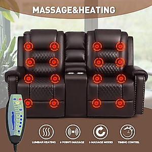 Large Massage Recliner Loveseat, Lumbar Heating Reclining Sofa Chairs, PU Leather, Ergonomic Living Room Chairs with Cup Holders, Remote Control, Brown