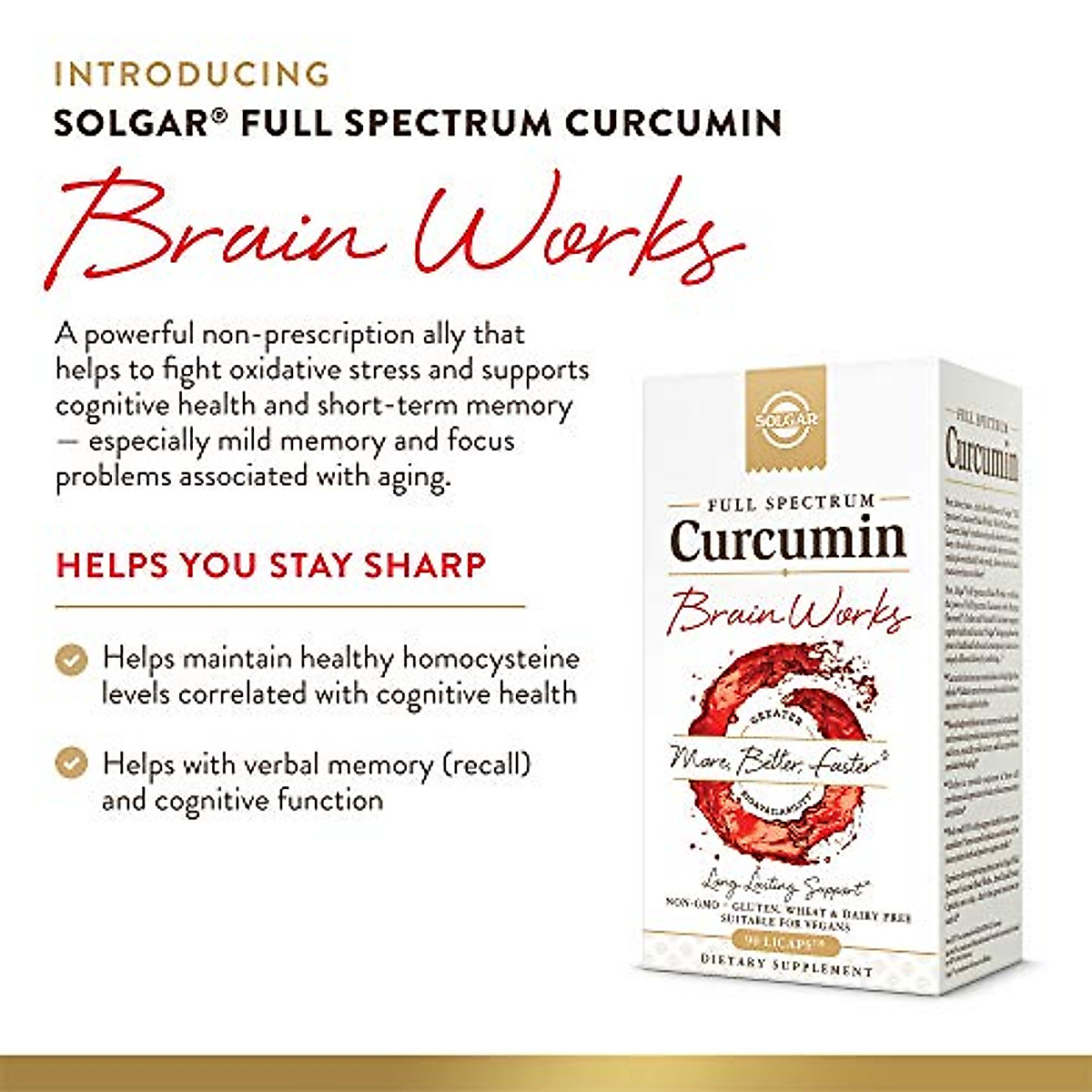 Solgar Full Spectrum Curcumin Brain Works, 90 Licaps - Support Memory Recall, Focus, Cognitive Function - Antioxidant Support - Curcumin, BacoMind, Choline, Vitamin B12 - Non-GMO, Vegan - (Pack of 2)