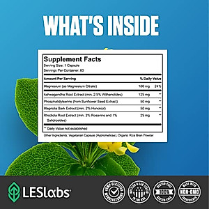 LES Labs Cortisol Health – Stress Relief, Balanced Cortisol Response, Relaxation & Deep Sleep – Phosphatidylserine, Magnesium, Magnolia Bark, Rhodiola Rosea & Ashwagandha – 60 Capsules