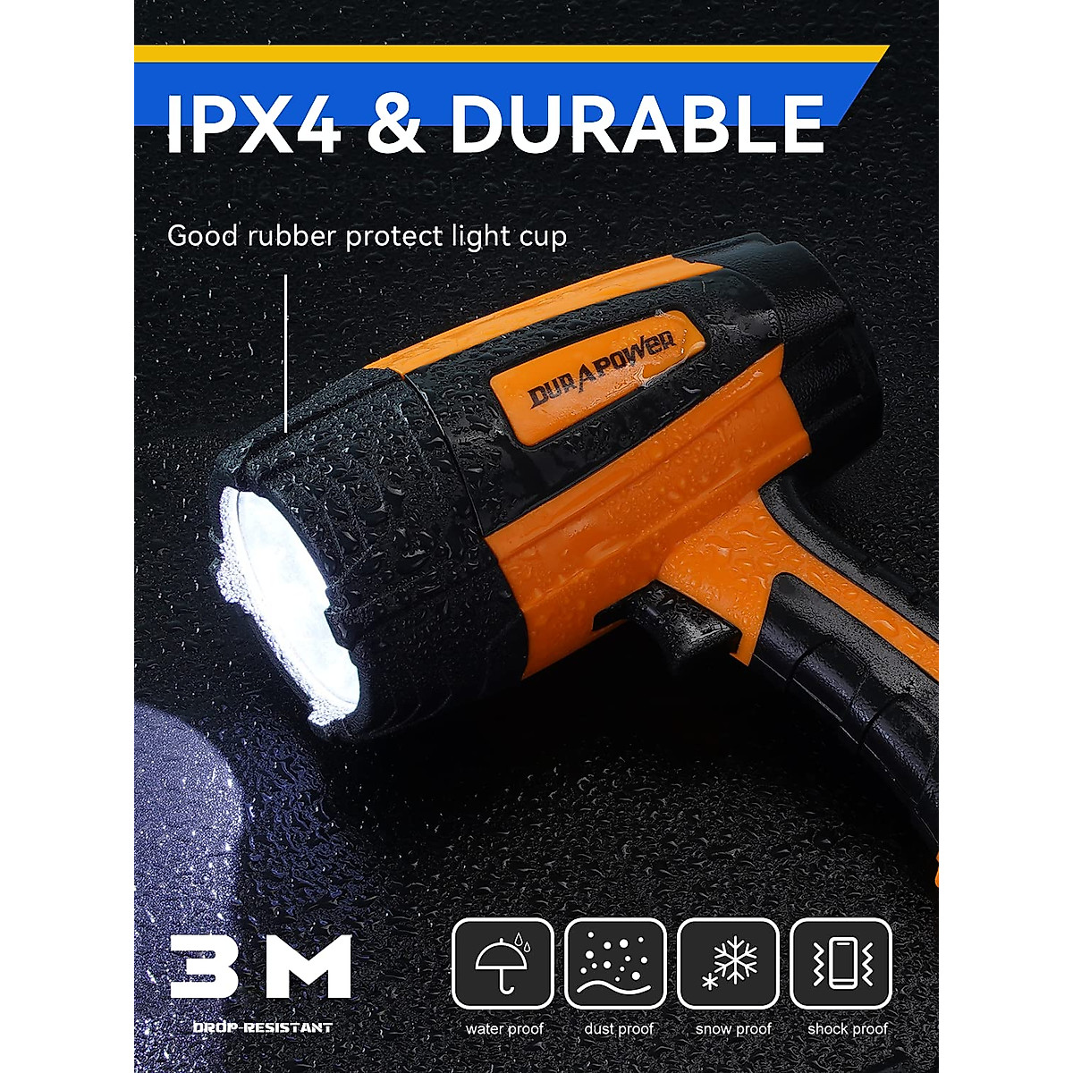 Durapower Rechargeable Spotlight, 60000 Lumen Super Bright LED Handheld Spotlight, IP44 Waterproof Spotlight Flashlight Portable for Marine Boat Camping Country Farm Gift