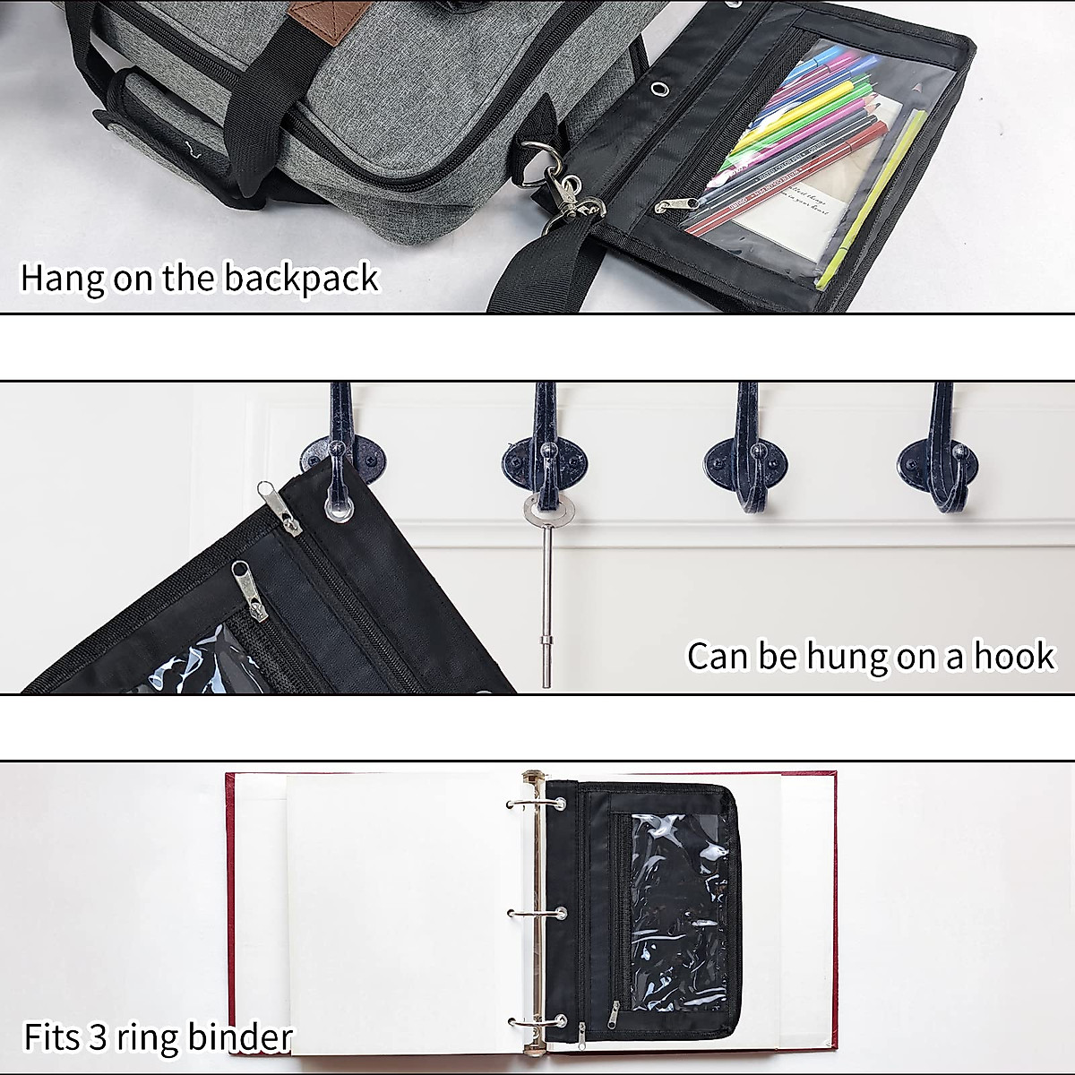 YoeeJob 2 Pack 1 Inch Expandable Zipper Pencil Pouches with Clear Window for 3 Ring Binder, Suitable for School & Office (Black)