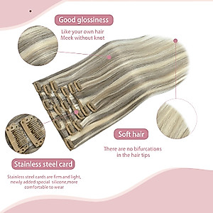 HUAYI Blonde Clip In Hair Extensions - Ash Blonde Mixed Bleach Blonde 70g 15 Inch, Real Human Hair Extensions for Women, Premium Quality Hair Extensions Real Human Hair for a Natural Look