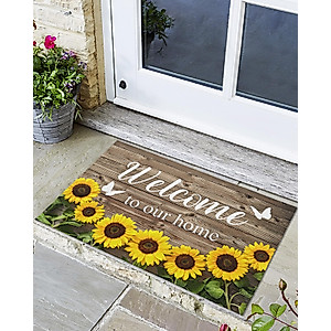Front Door Mat Indoor Outdoor Entrance, Welcome Sunflower on a Wooden Board Non-Slip Doormat Fade Resistant, Low Profile, Easy Clean Patio Porch Entryway Mat 36x24 inches