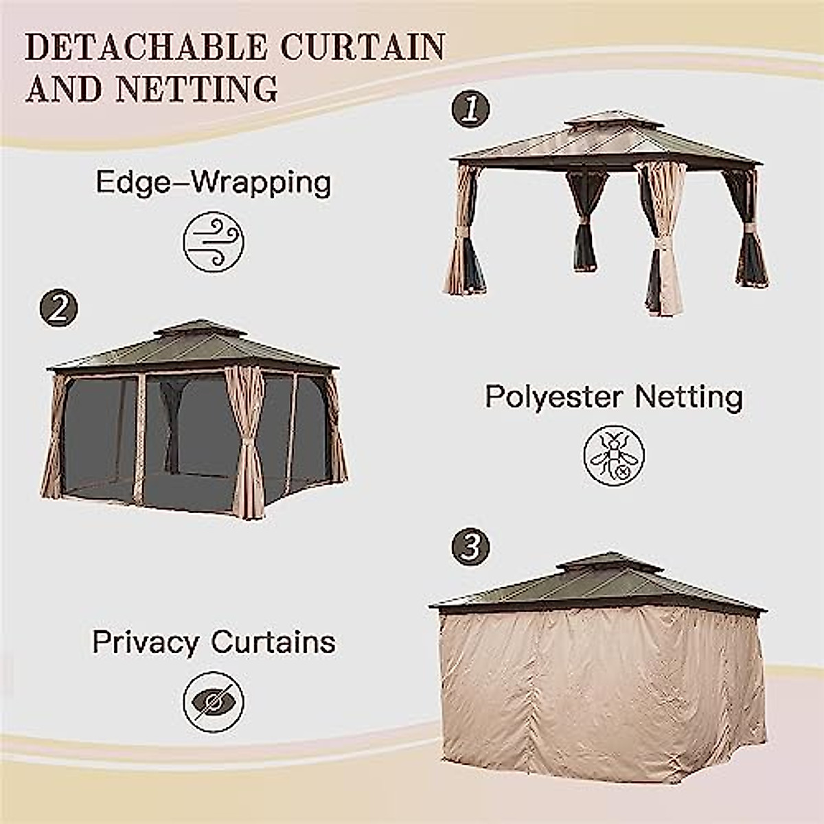 Goohome 12'x12' Hardtop Gazebo, Permanent Outdoor Gazebo with Polycarbonate Double Roof, Aluminum Gazebo Pavilion with Curtain and Net, Hard Top Waterproof Pergola Shade and Rain for Lawn, Poolsides