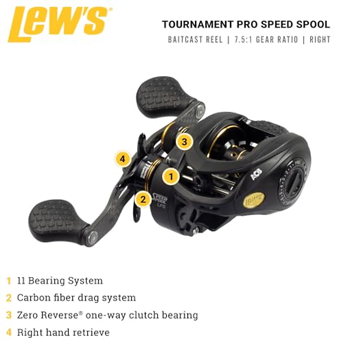 Lew's TP1SHA Tournament Pro LFS Speed Spool Bait Cast Reel, 7.5:1 120/12, RH, ACB, 120/12 - 31" Black