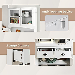 SILKYDRY 67” Kitchen Hutch Storage Cabinet, Tall Pantry Buffet Cabinet with Glass Doors, Adjustable Shelves, 2 Large Drawers, Dining Room Cupboard, Kitchen Hutch with Countertop